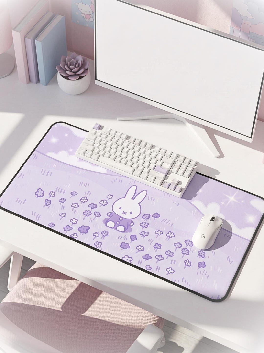 Pastel Purple Desk Mat | Cute Kawaii Mousepad With Bunny | Aesthetic ...