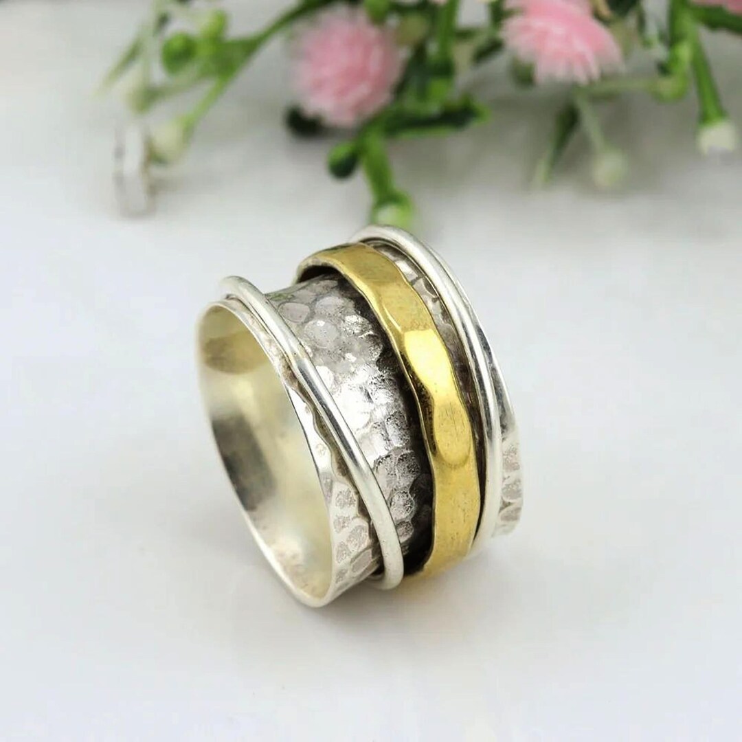Unique Hammered Two Tone Ring, Spinner Ring, Medidation Ring, Worry ...