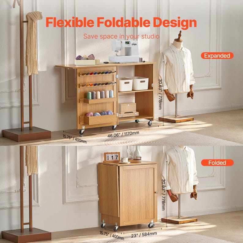 Folding Sewing Table With Lockable Wheels Storage Shelves Trays Door ...