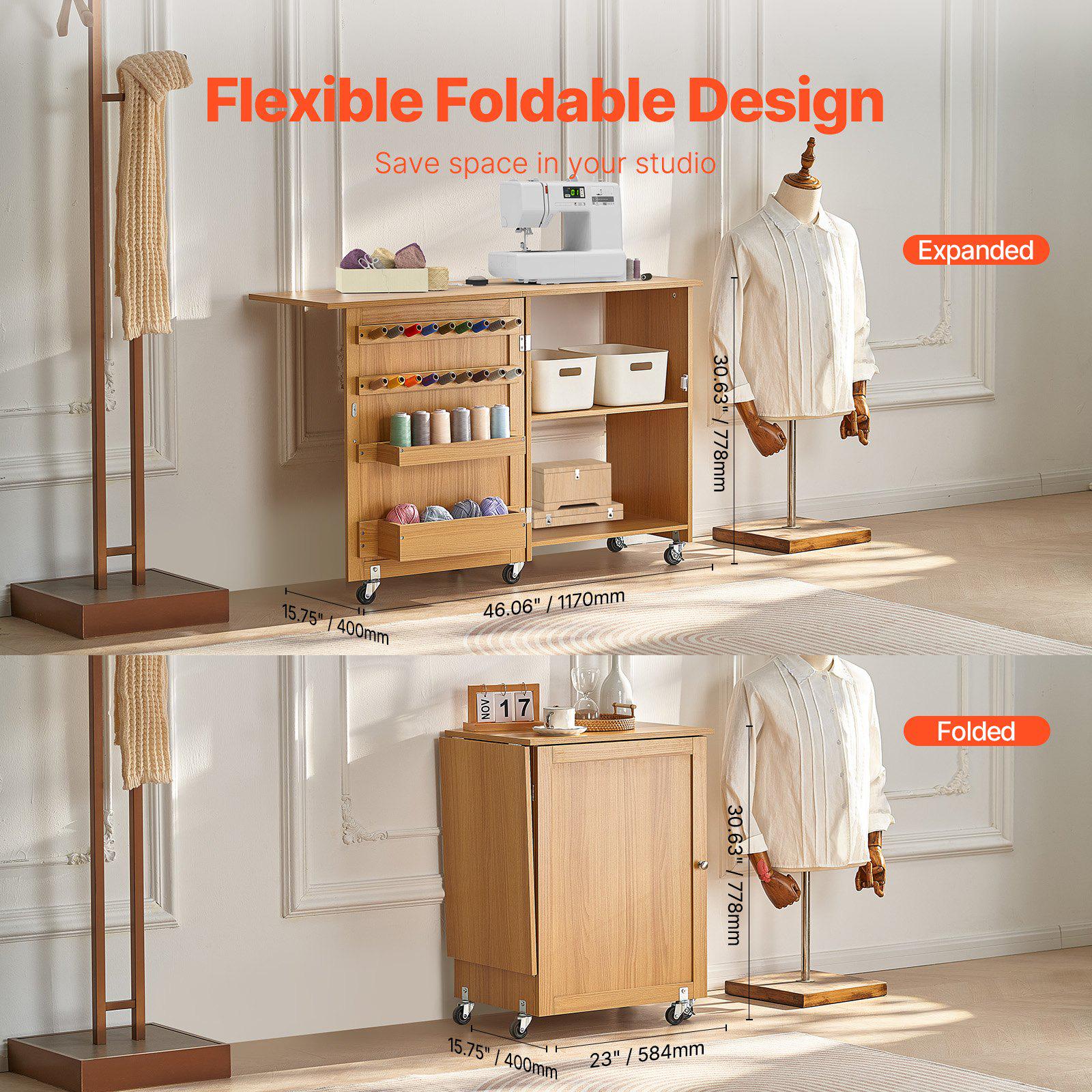 Folding Sewing Table With Lockable Wheels Storage Shelves Trays Door ...
