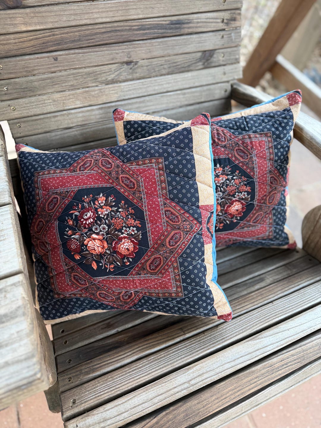 Quilted Navy Blue Roses Pillow Set - Etsy