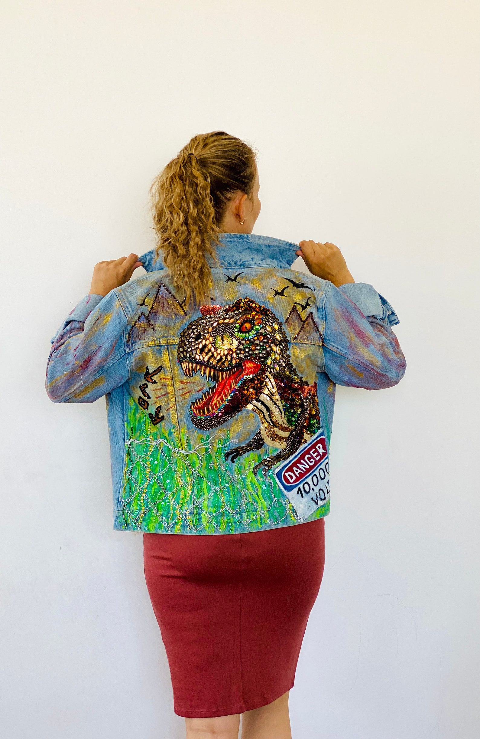 Hand Embroidered Denim Jacket t-rex. Personalized - Etsy