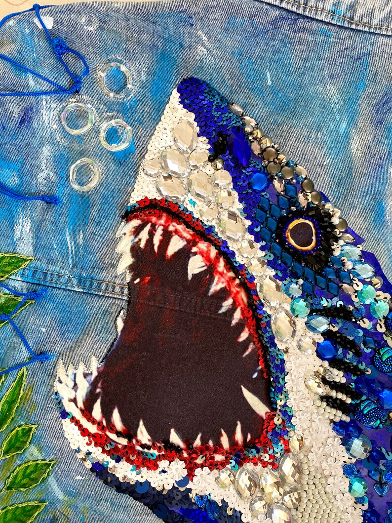 Hand Embroidered Jacket shark. Gothic Jacket. Custom Handpainted ...