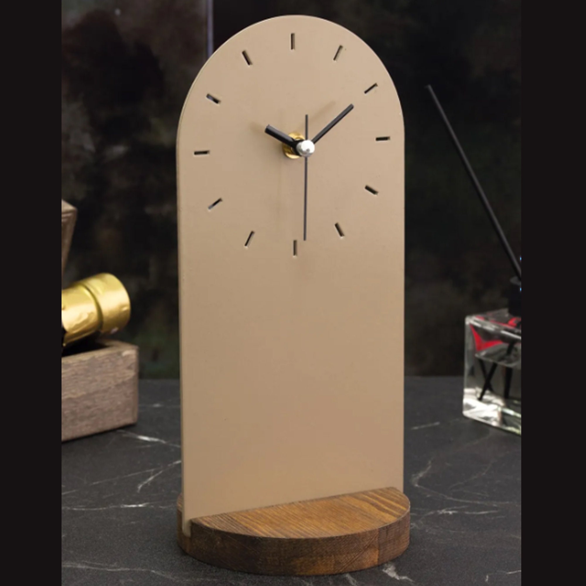 Soft Beige Color Metal Table Clock With Wooden Base Modern - Etsy