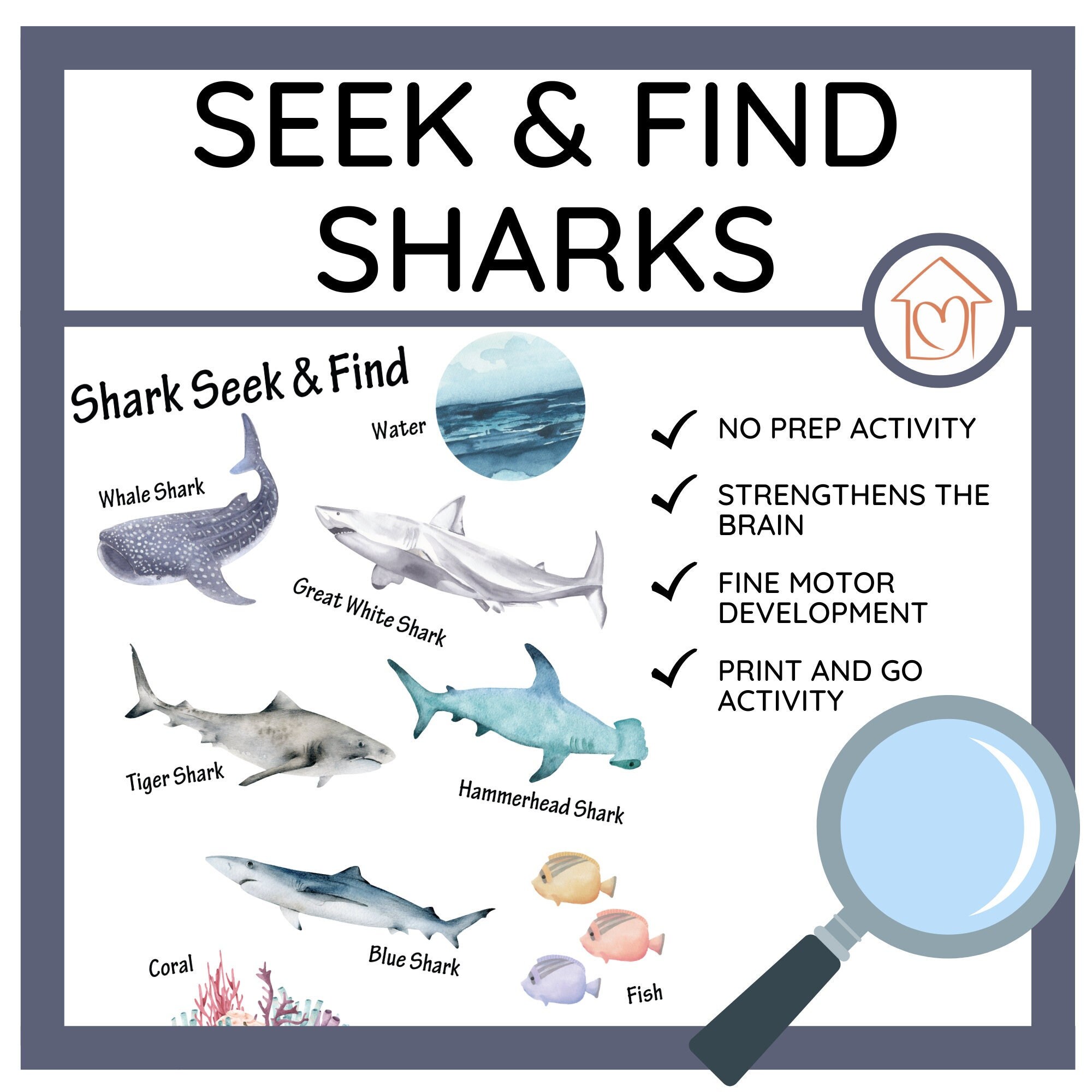 Shark Seek and Find Matching Activity, Montessori Inspired, Print at ...