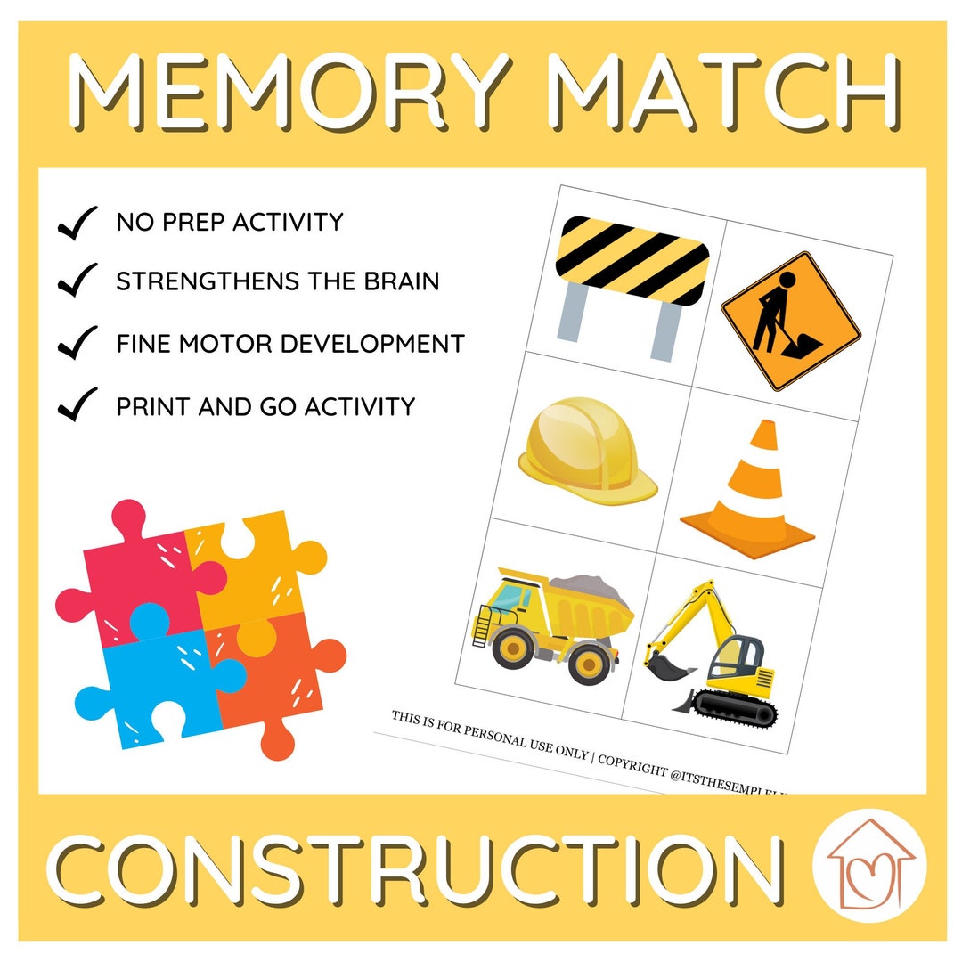 Construction Memory Matching Cards Activity, Worker, Montessori ...