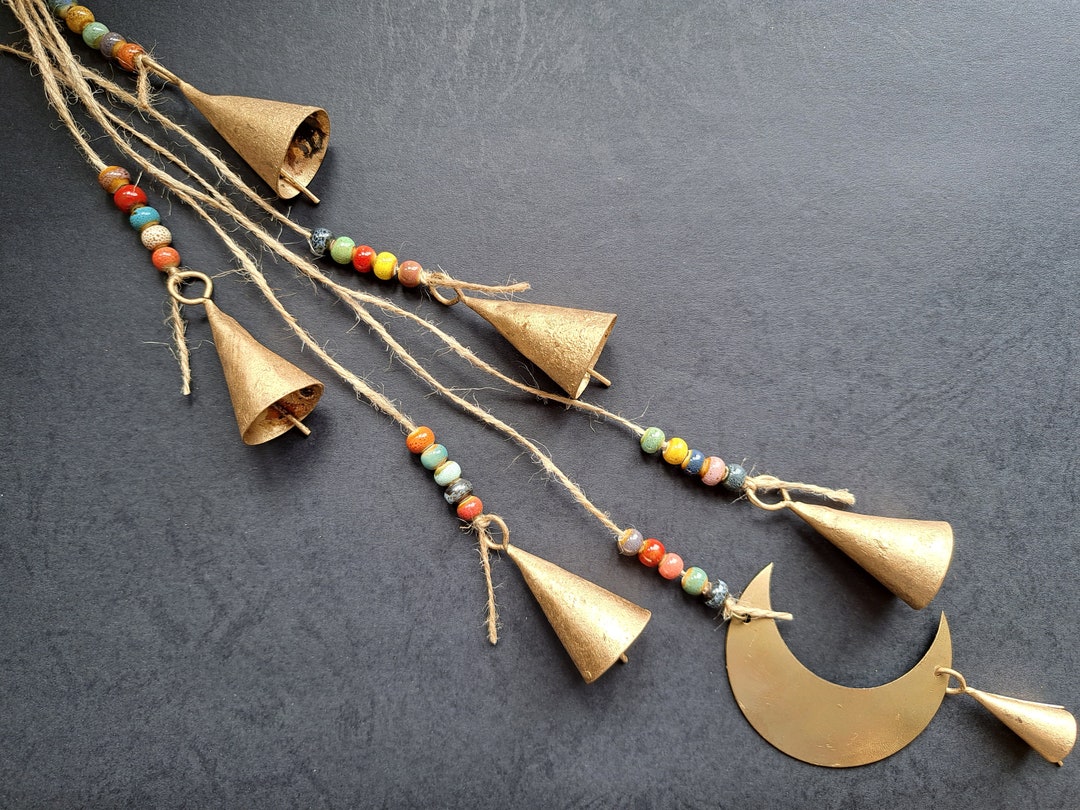 Moon Phase Windchime With Cow Bells on a String and Cute Ceramic Beads ...