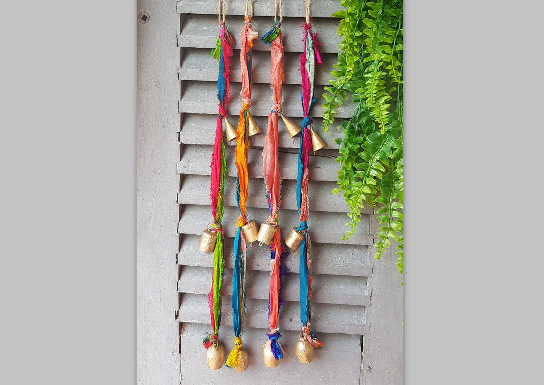 1 Colorful Windchime With 3 Bells and Sari Silk Ribbon String, Window ...