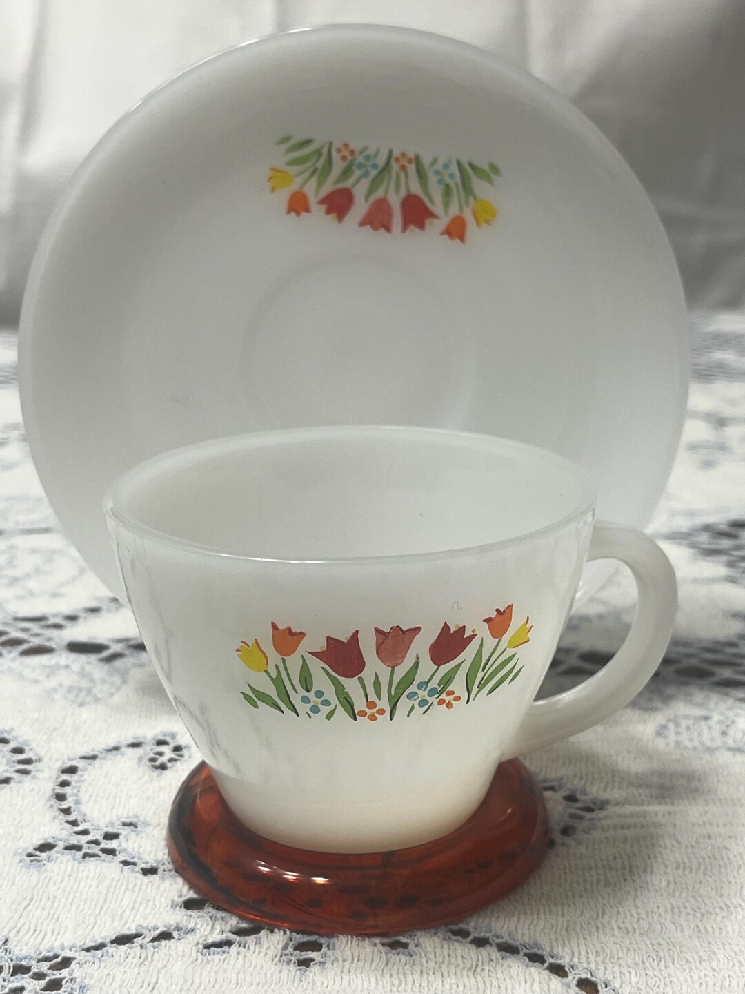 Tulip Fire King Cup and Saucer - Etsy