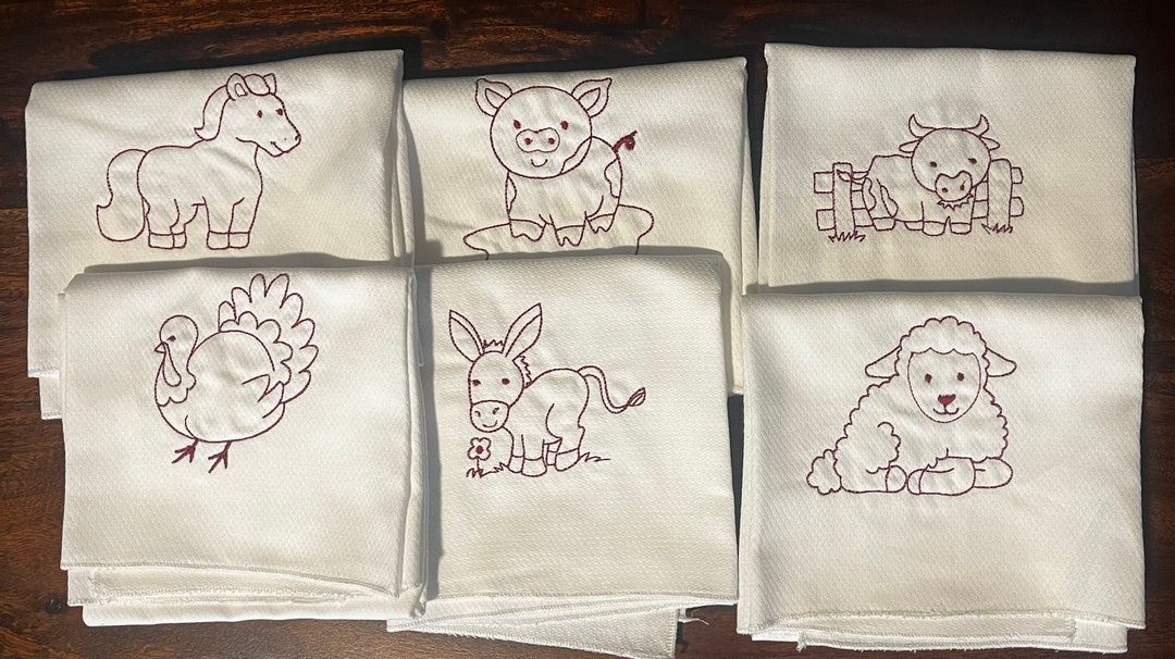 Set of 6 Redwork Embroidered Farm Animals Towels - Etsy