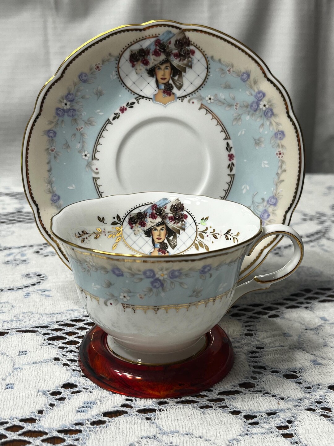 Vintage Victorian Lady Cup and Saucer Set Avon Honor Society 1998 Blue ...