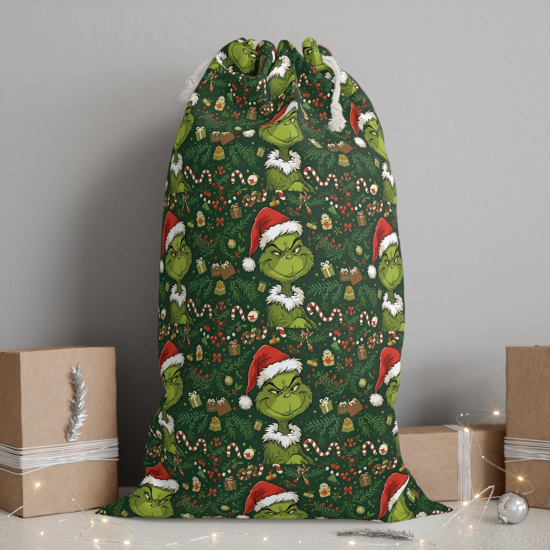 Grinch Pattern Sack | Christmas Santa Hat Holiday Drawstring Sack - Etsy