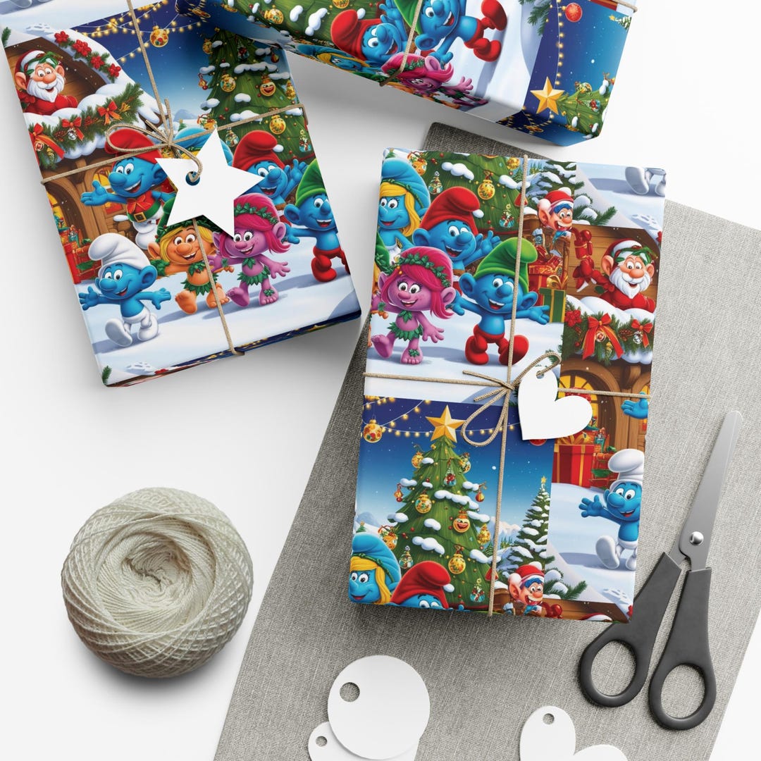 Kids Wrapping Paper, Smurfs and Trolls Gift Wrap, Children's Birthday ...