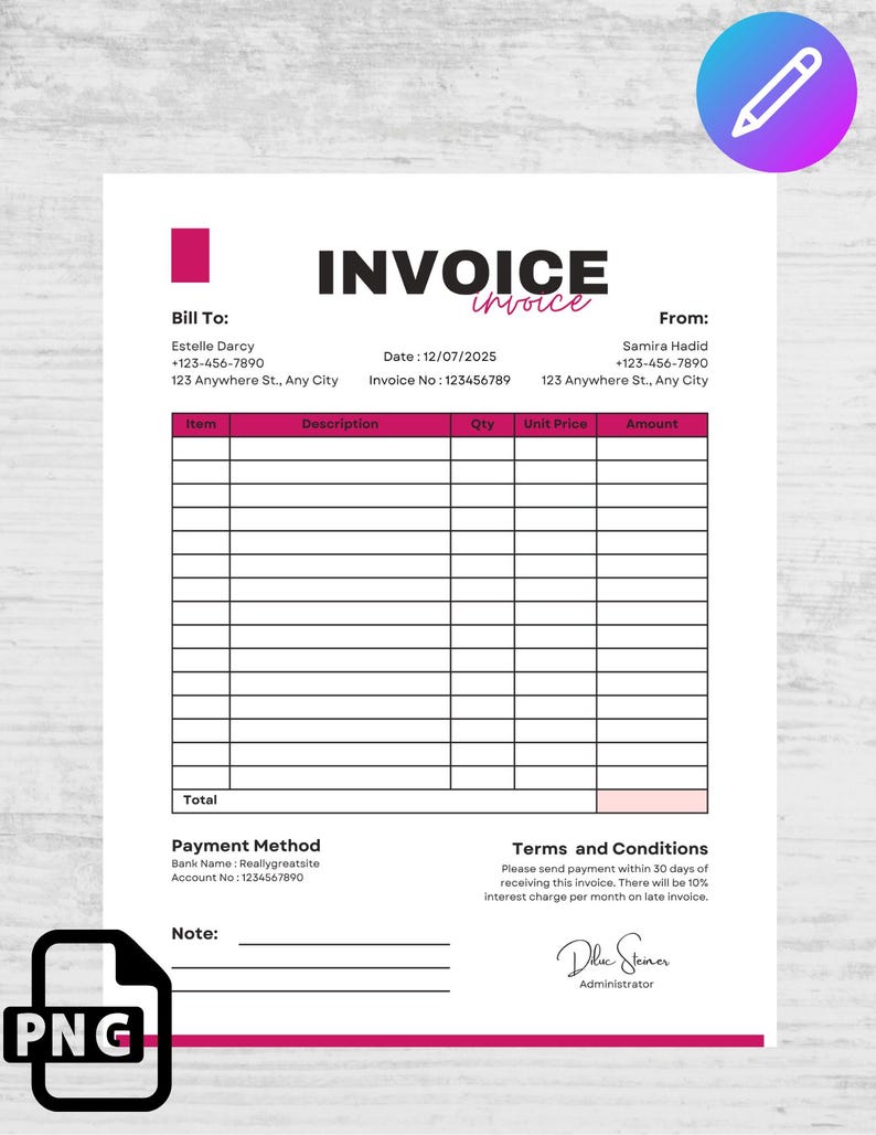Editable Invoice Template, Custom Order Form, Modern Printable (instant ...