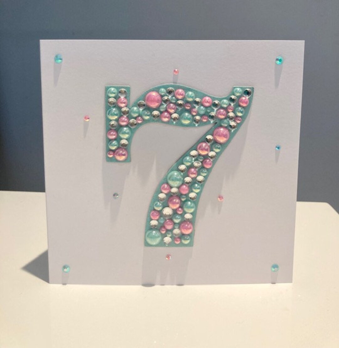 Embellished 3D Effect Pink & Green 7th Birthday Card. Flat Back Pearl ...