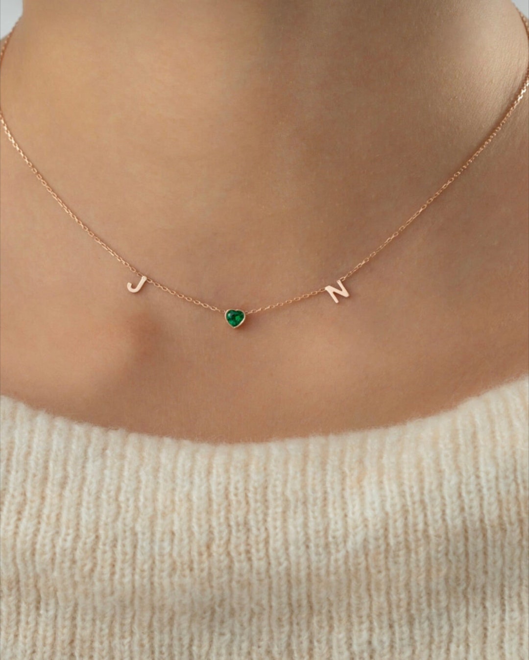 14K Solid Gold Birthstone Initial Necklace, Birthstone Necklace, Custom ...