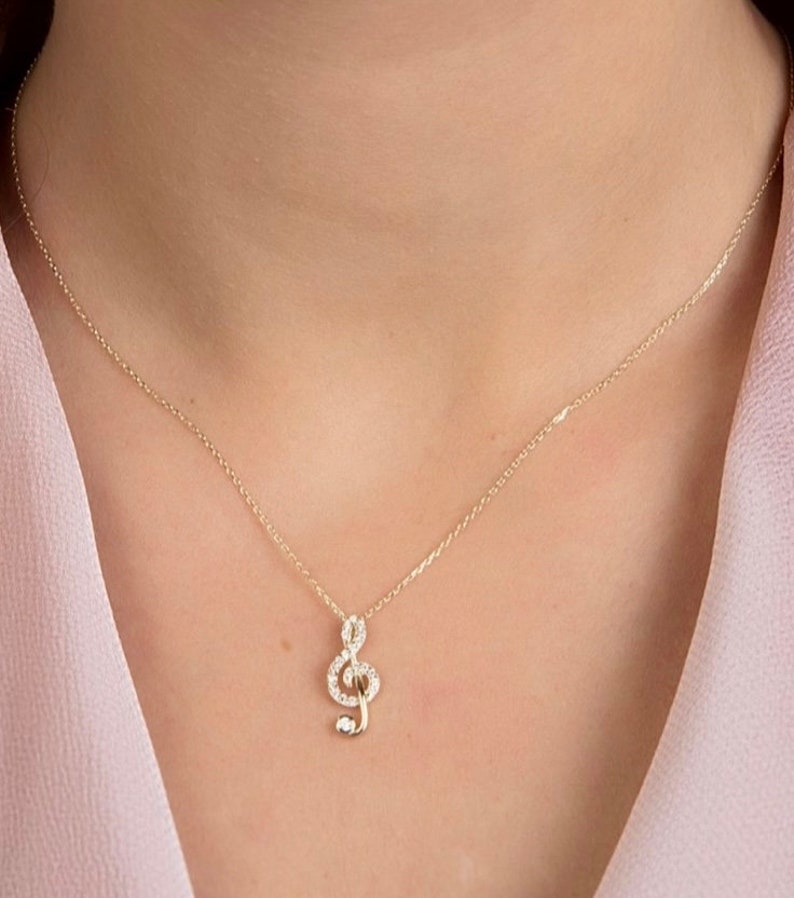 14K Solid Gold Treble Clef Necklace, Treble Clef Necklace Gold, Music ...