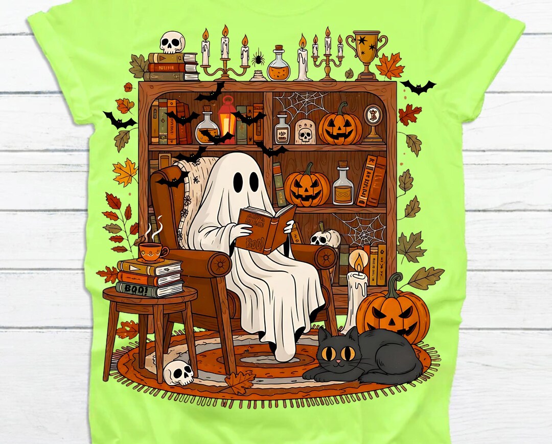 Retro Cozy Ghost Reading Halloween Png, Spooky Bookshelf, Halloween ...