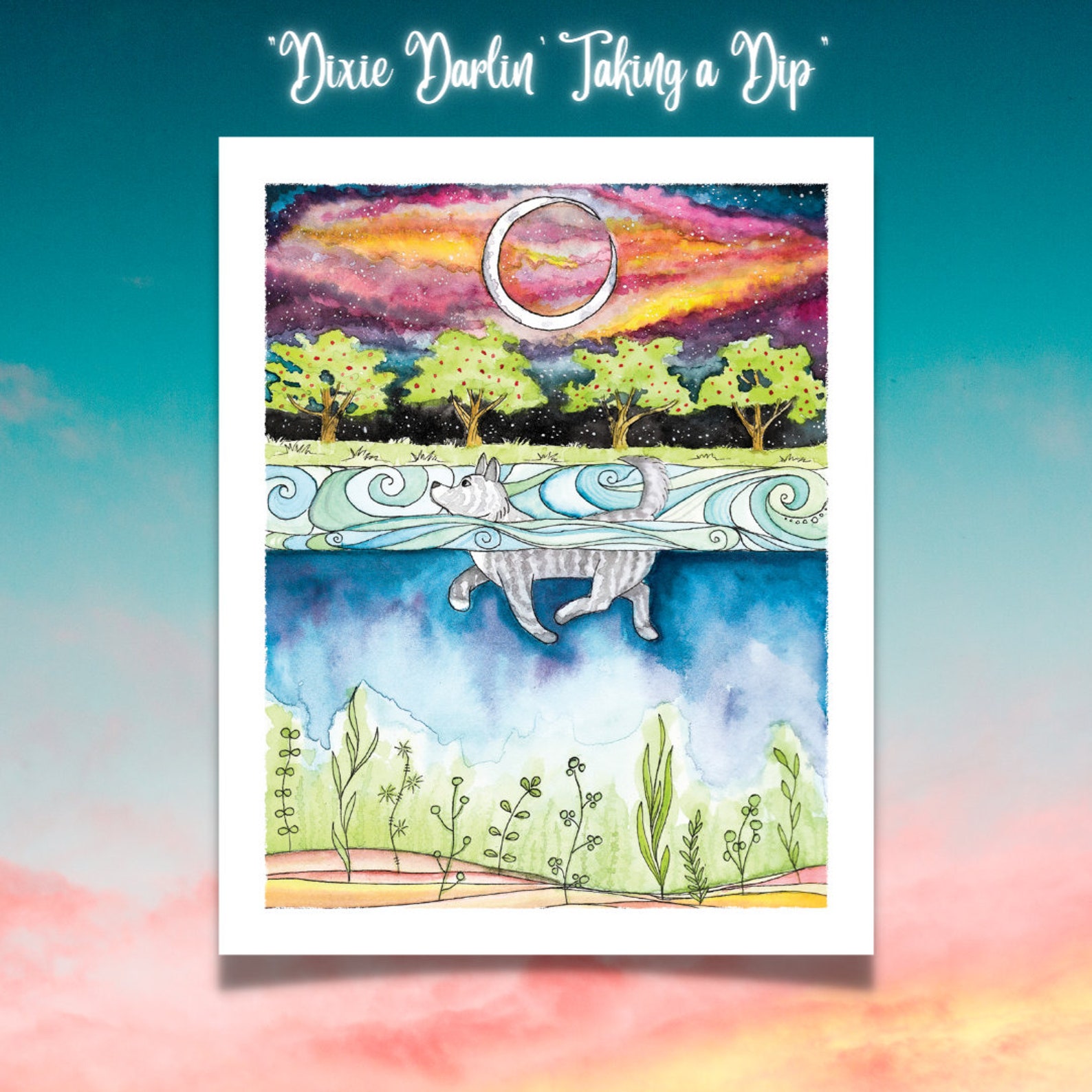 Dixie Darlin' Taking a Dip Print and Greeting Card, Watercolor ...