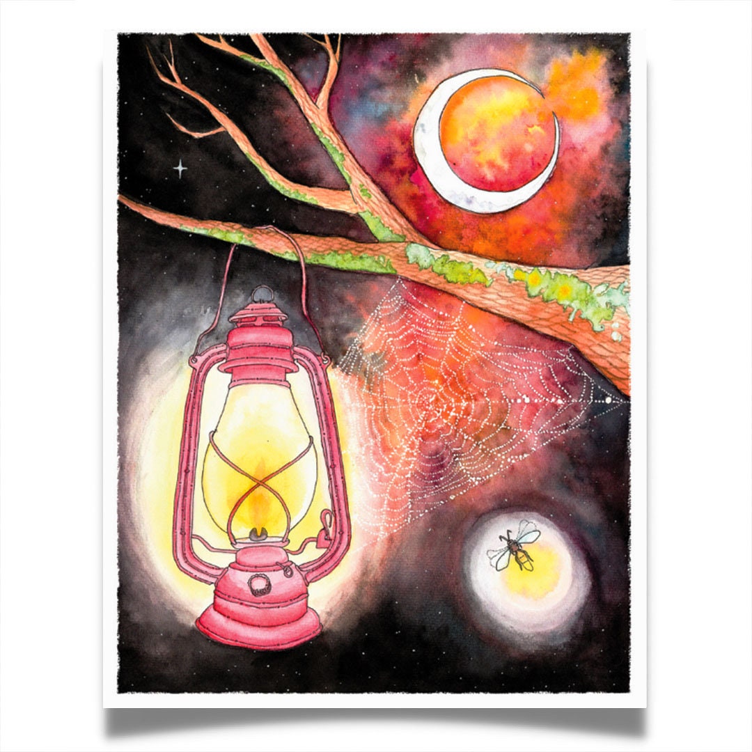 Midnight Mischief Print and Greeting Card, Red Lantern Watercolor ...