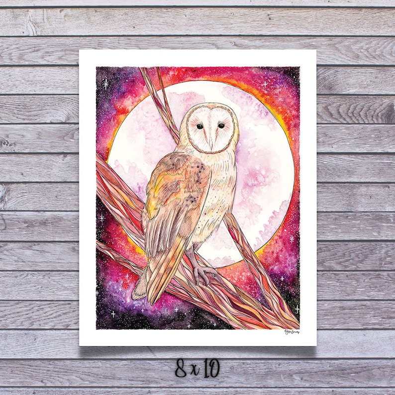 Barn Owl Moon Print and Greeting Card, Watercolor Animal Art, Galaxy ...