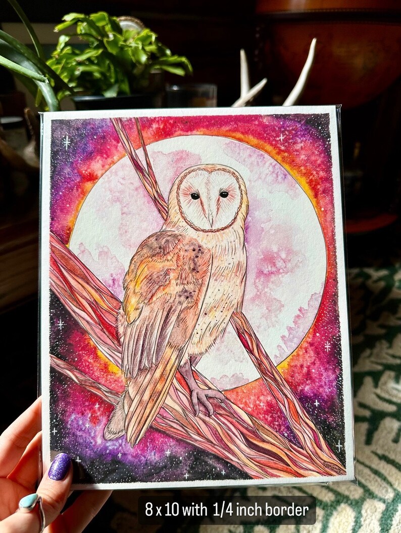 Barn Owl Moon Print and Greeting Card, Watercolor Animal Art, Galaxy ...