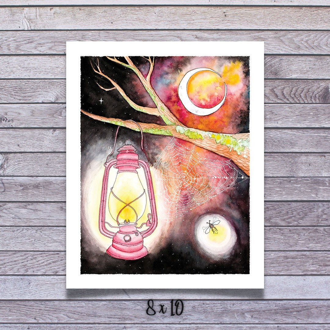 Midnight Mischief Print and Greeting Card, Red Lantern Watercolor ...