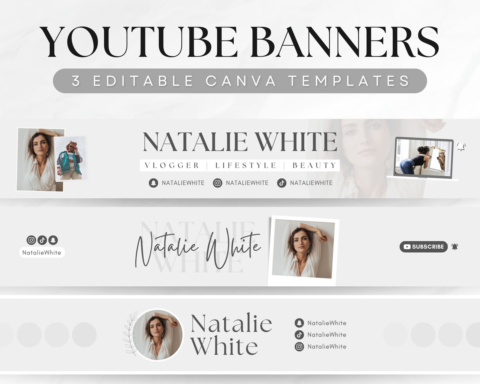 3 Gray Youtube Banners | Editable Canva Templates | Youtube Brand Kit ...
