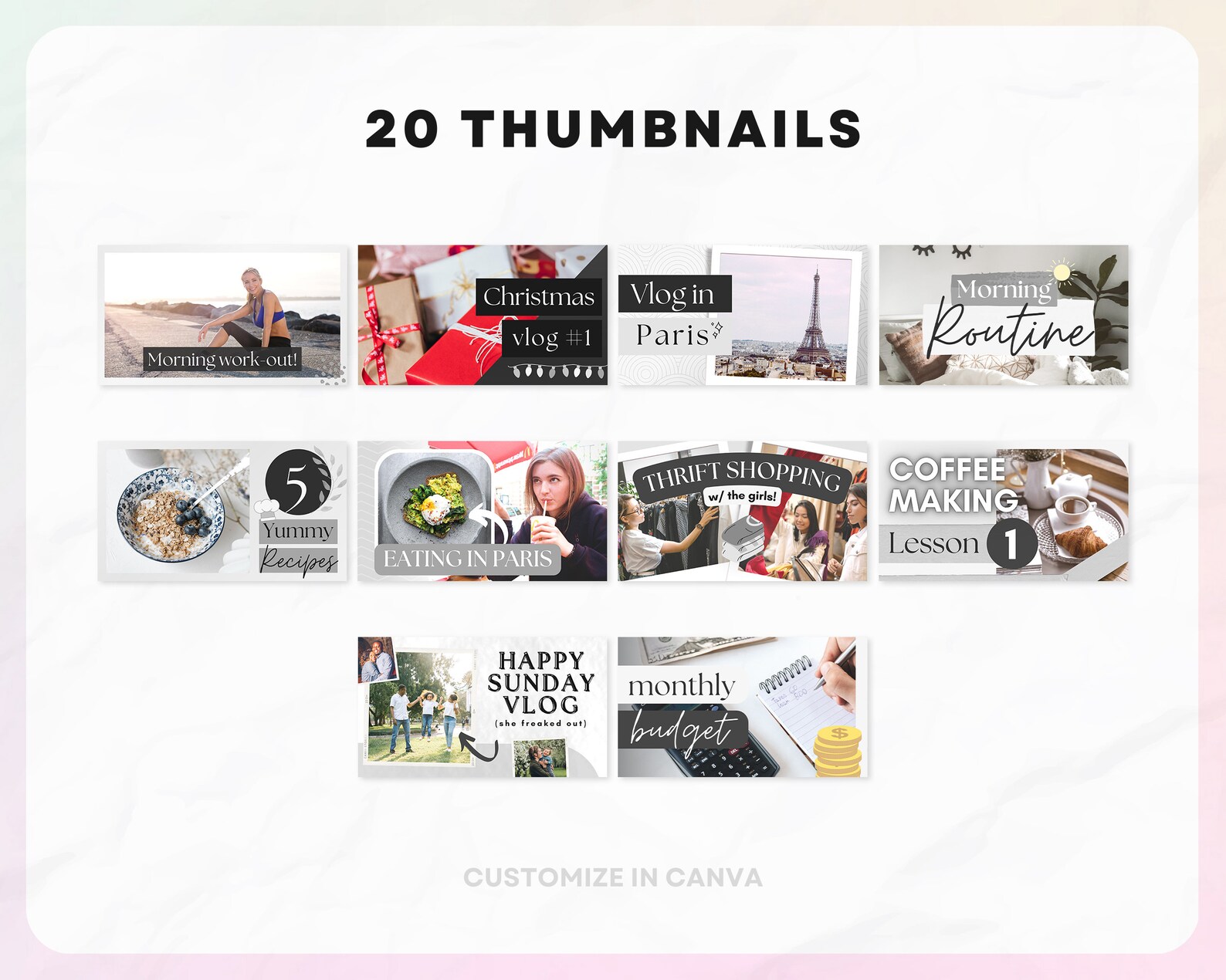 20 Minimal Gray Youtube Thumbnails: Editable Canva Templates (digital ...