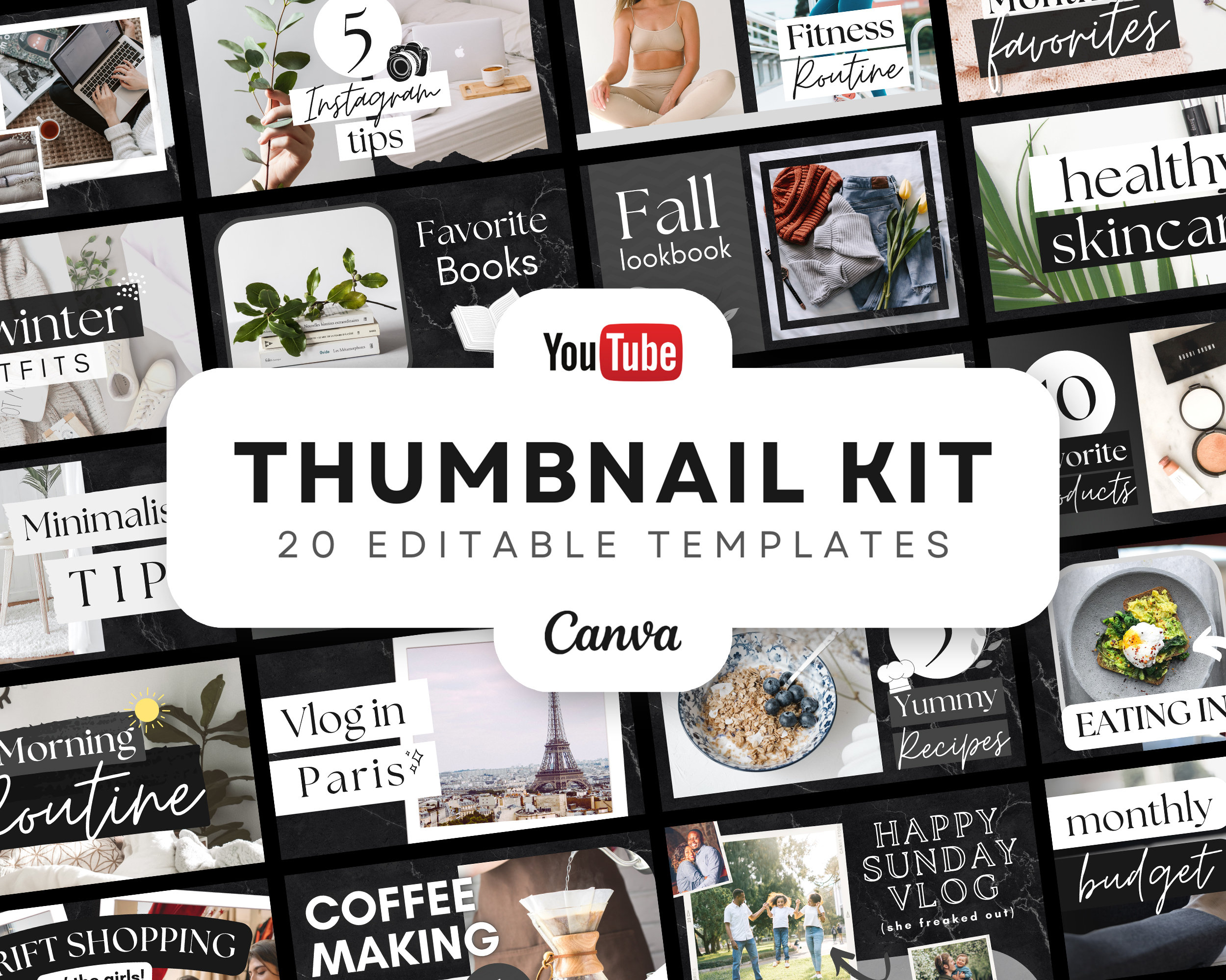 20 Youtube Thumbnails • Editable Canva Templates • Youtube Brand Kit ...