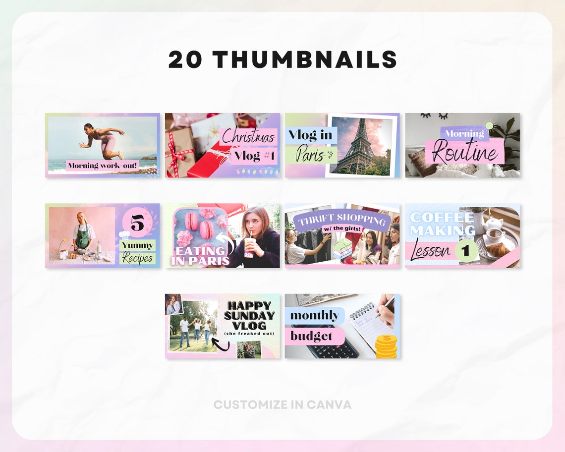 Youtube Thumbnail Kit 20 Thumbnails Editable in Canva Youtube Brand Kit ...