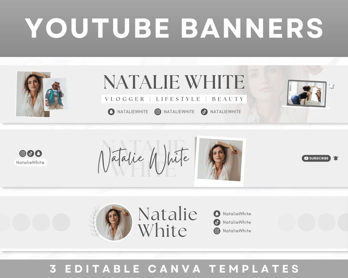 Gray Youtube Banners 3 Editable Canva Templates Youtube Brand Kit ...