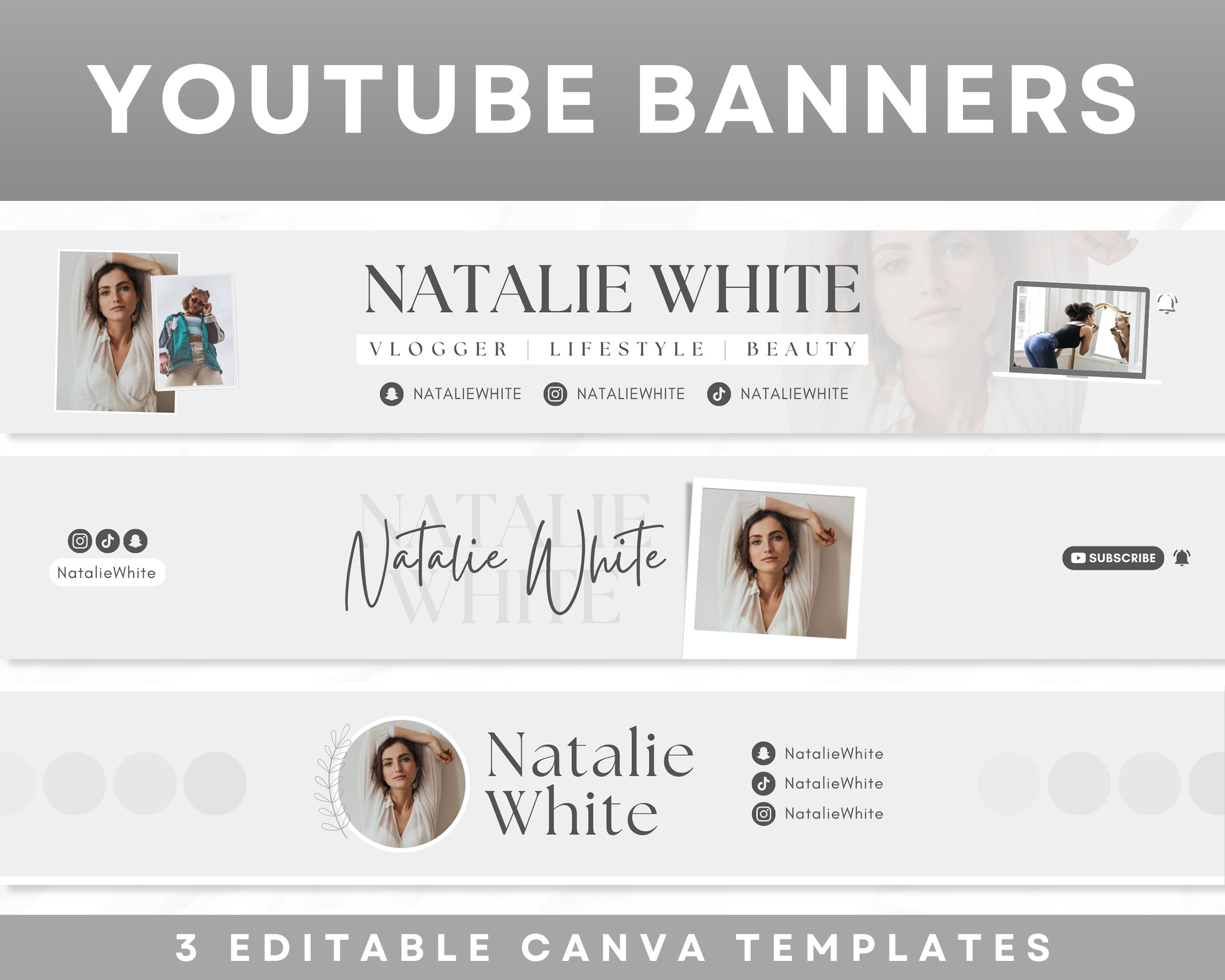 Gray Youtube Banners • 3 Editable Canva Templates • Youtube Brand Kit ...