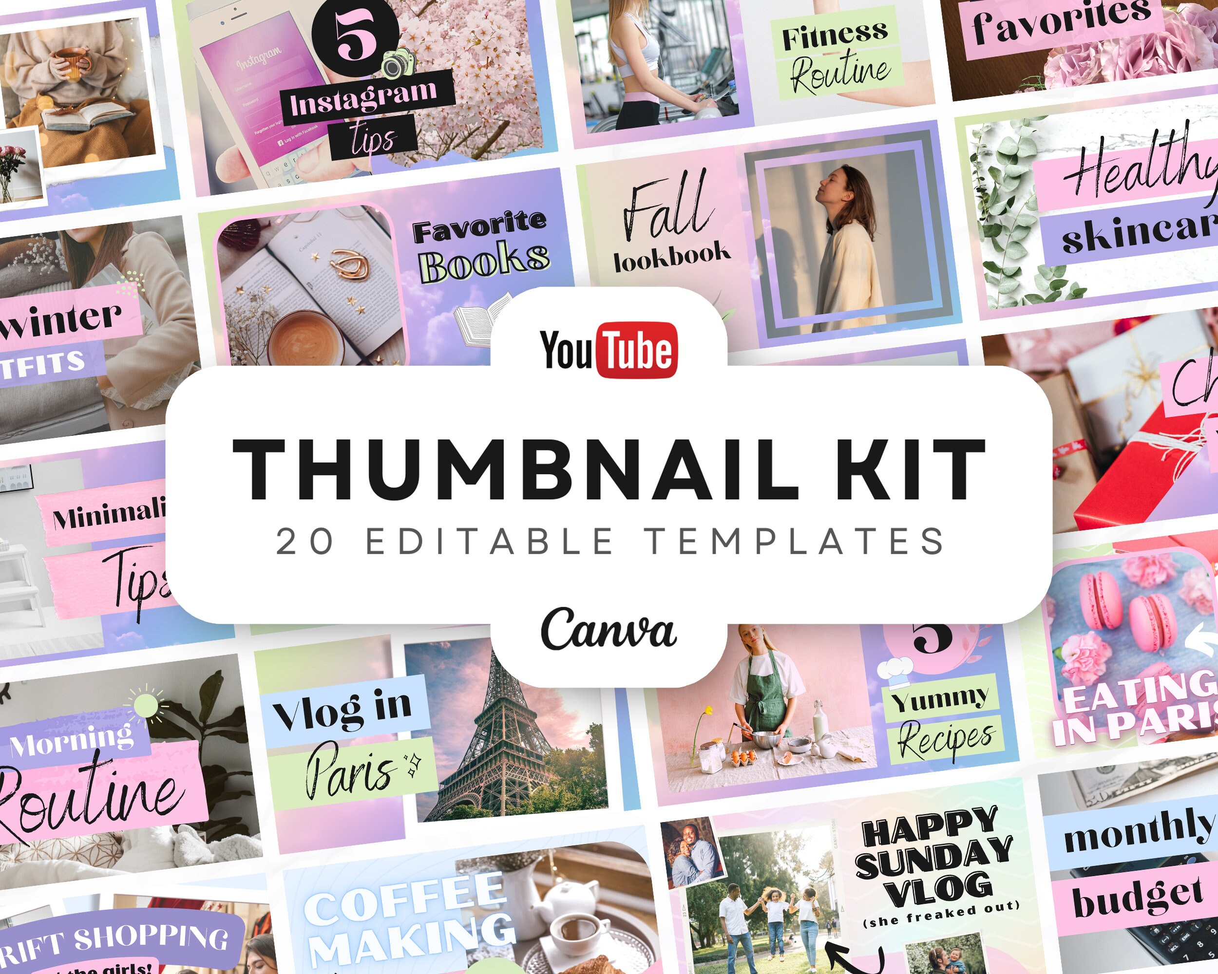 Youtube Thumbnail Kit | 20 Thumbnails Editable in Canva | Youtube Brand ...