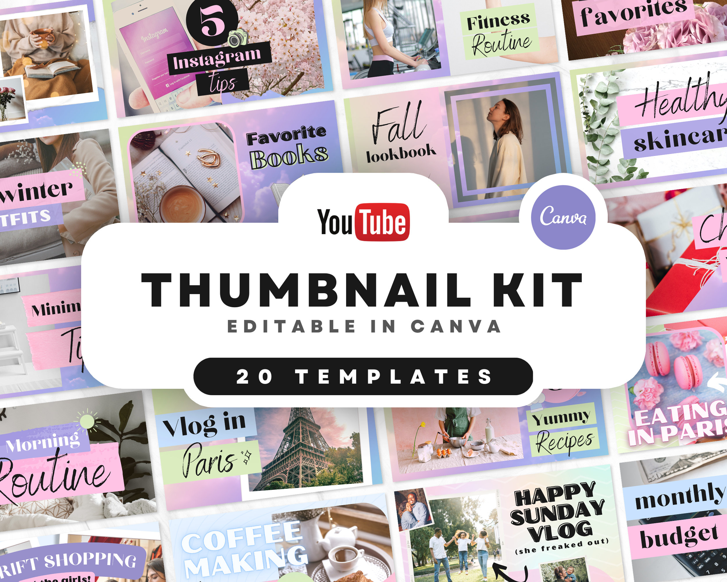 Youtube Thumbnail Kit | 20 Thumbnails Editable in Canva | Youtube ...