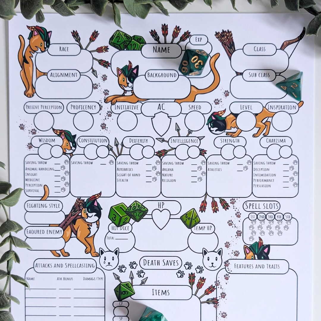 Dnd Ranger Character Sheet With a Feline Twist Kitty D and D, Editable ...