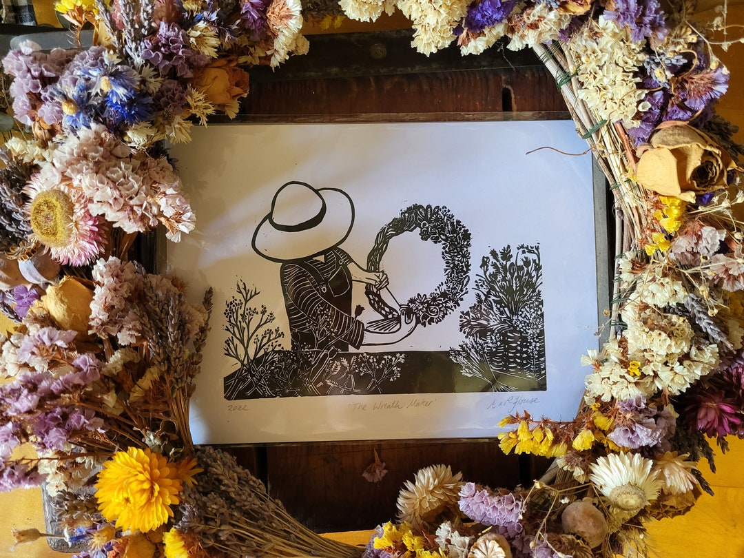 The Wreath Maker | Floral Linocut Print | Flower Art Print | Handmade ...