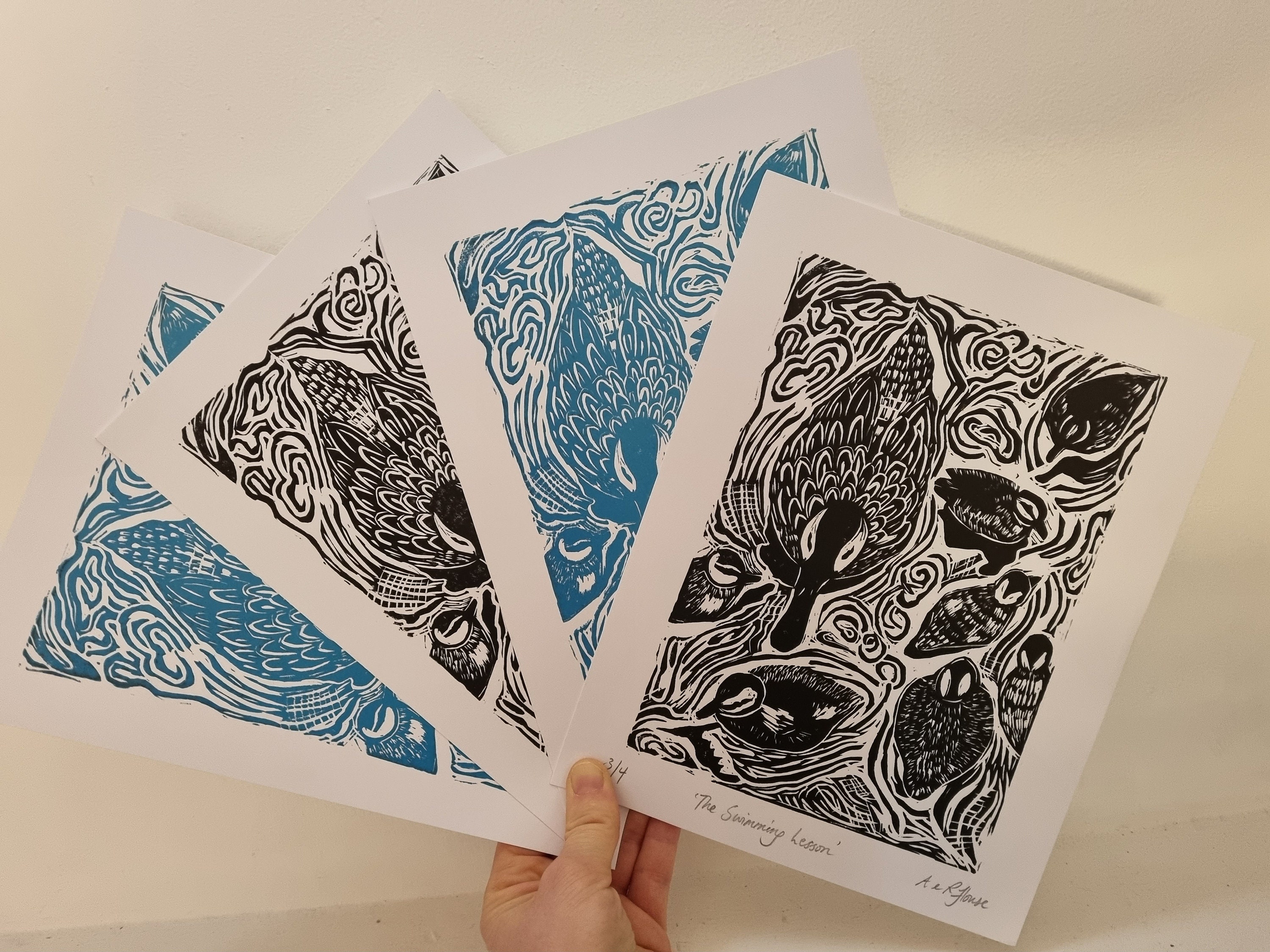 The Swimming Lesson A5 Handmade Lino Print Duck Illustration Unframed ...