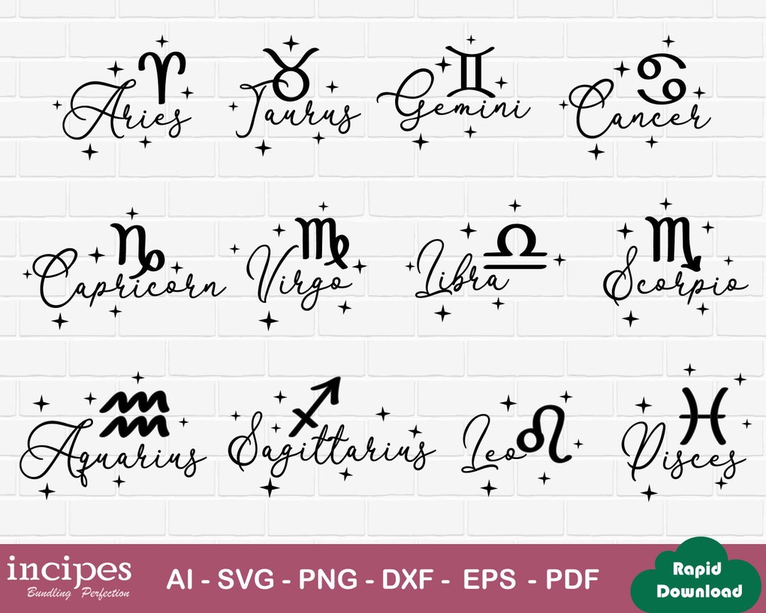 Zodiac Stars, Zodiac Sign Names Bundle SVG, Zodiac Star Sign Names ...