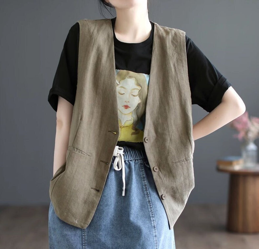 Classic Linen Vest, Retro Cotton Linen Vest, Women Coffee Vest, Autumn ...