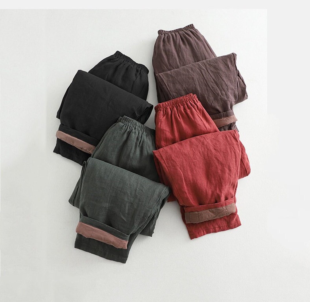 Linen Quilted Pants, Elastic Waist Cotton Pants, Women Retro Cotton ...