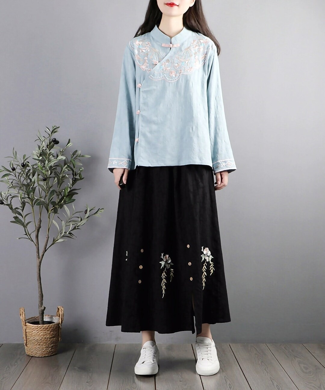 Embroidered Flower Skirt Retro Linen Cotton Skirts Soft - Etsy
