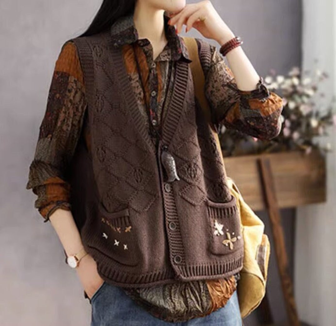 Coffee Sweater Vest, Loose Sweater Vest, Women Embroidery Crochet ...
