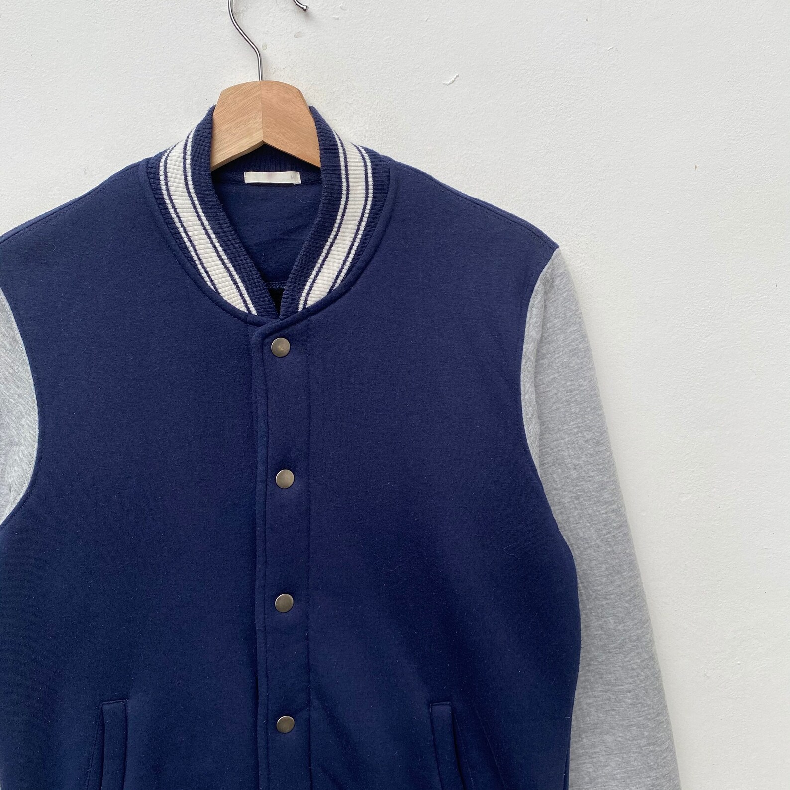 Plain Varsity Jacket Button up Long Sleeve Dark Blue Gray Colour Medium ...