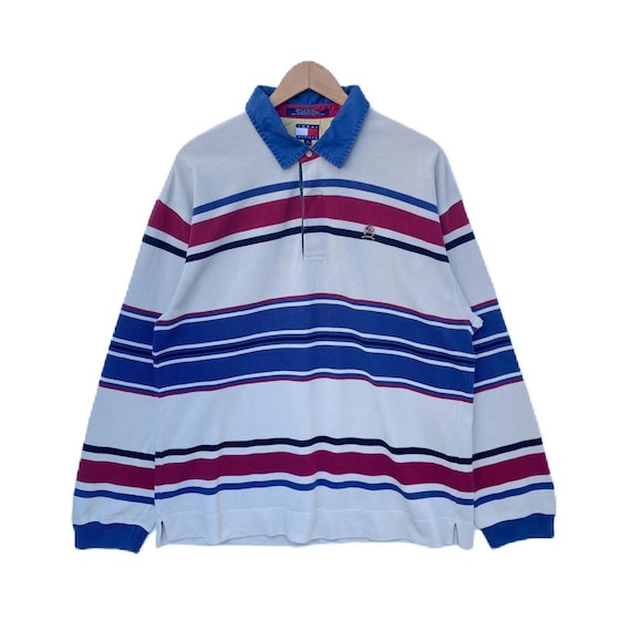 Vintage TOMMY HILFIGER Polo Rugby Shirt Gestreifte Langarm Streetwear Extra Large Pullover mit Kragen Stripe Creme Blau Rote Farbe Etsy