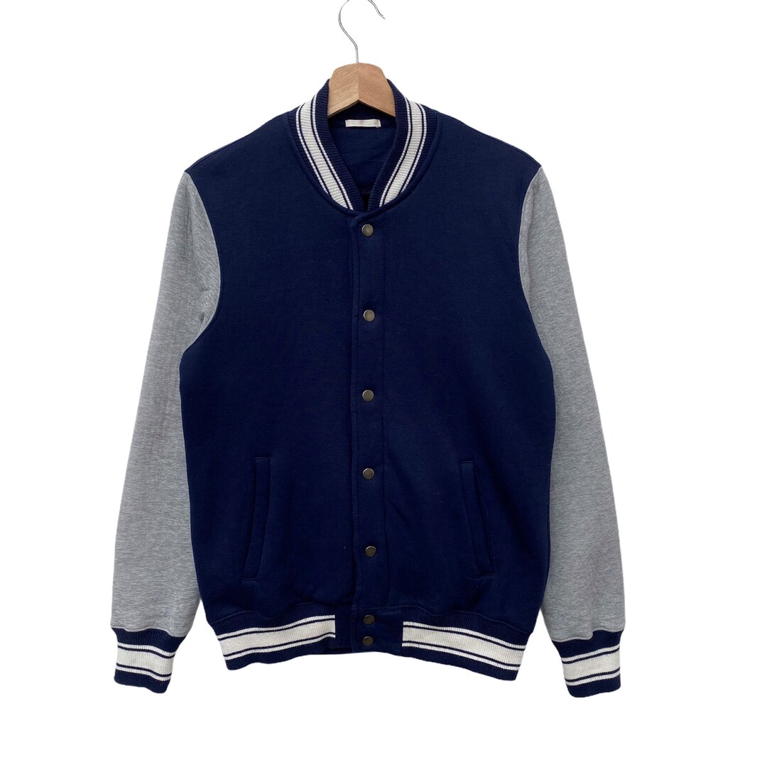 Plain Varsity Jacket Button up Long Sleeve Dark Blue Gray Colour Medium ...