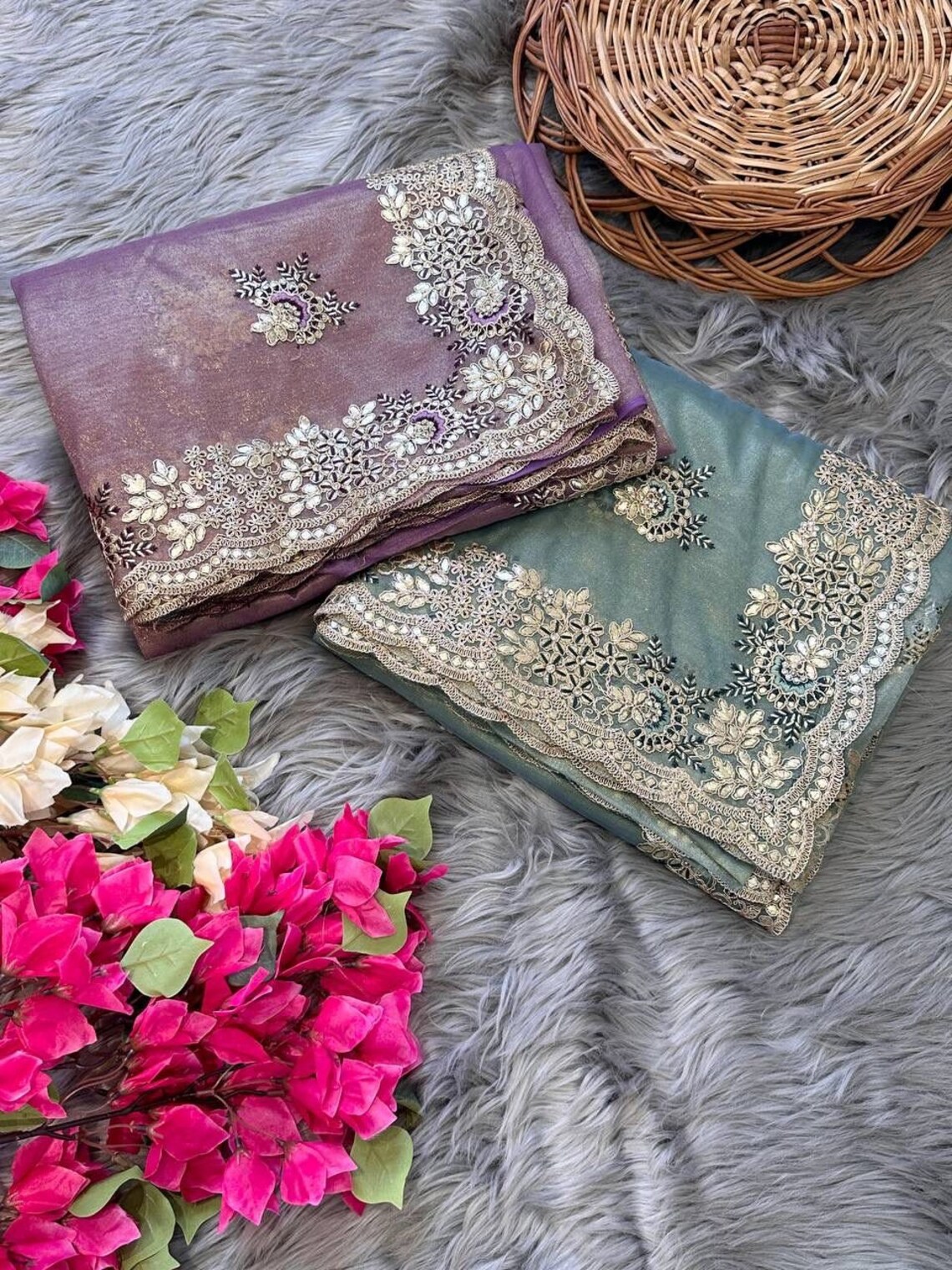 Designer Pure Jimmy Chu Silk Saree With Hand Embroidery and Scalloped ...