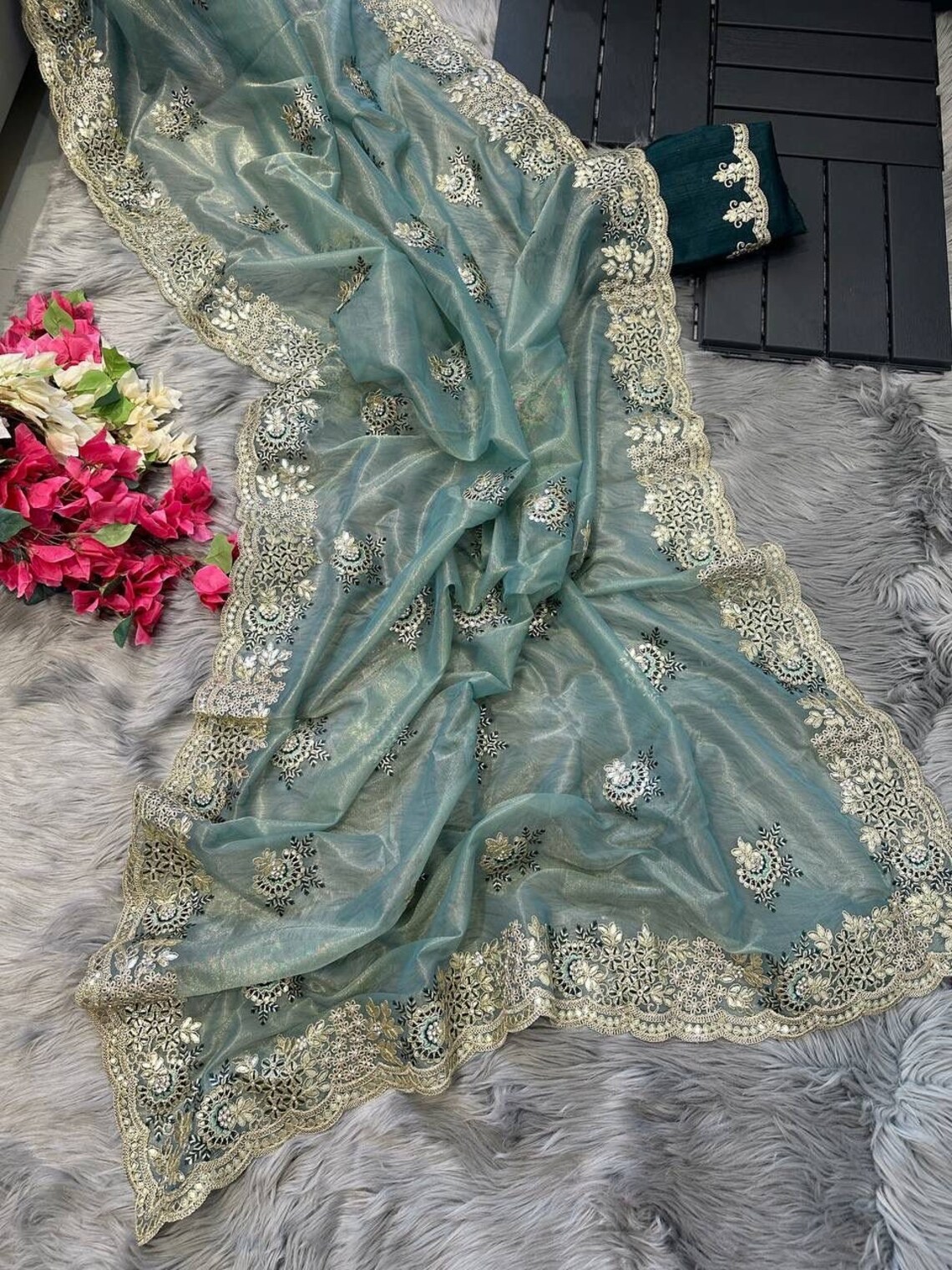 Designer Pure Jimmy Chu Silk Saree With Hand Embroidery and Scalloped ...