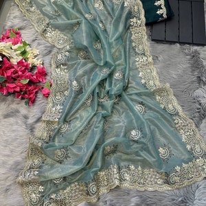 Designer Pure Jimmy Chu Silk Saree With Hand Embroidery and Scalloped ...