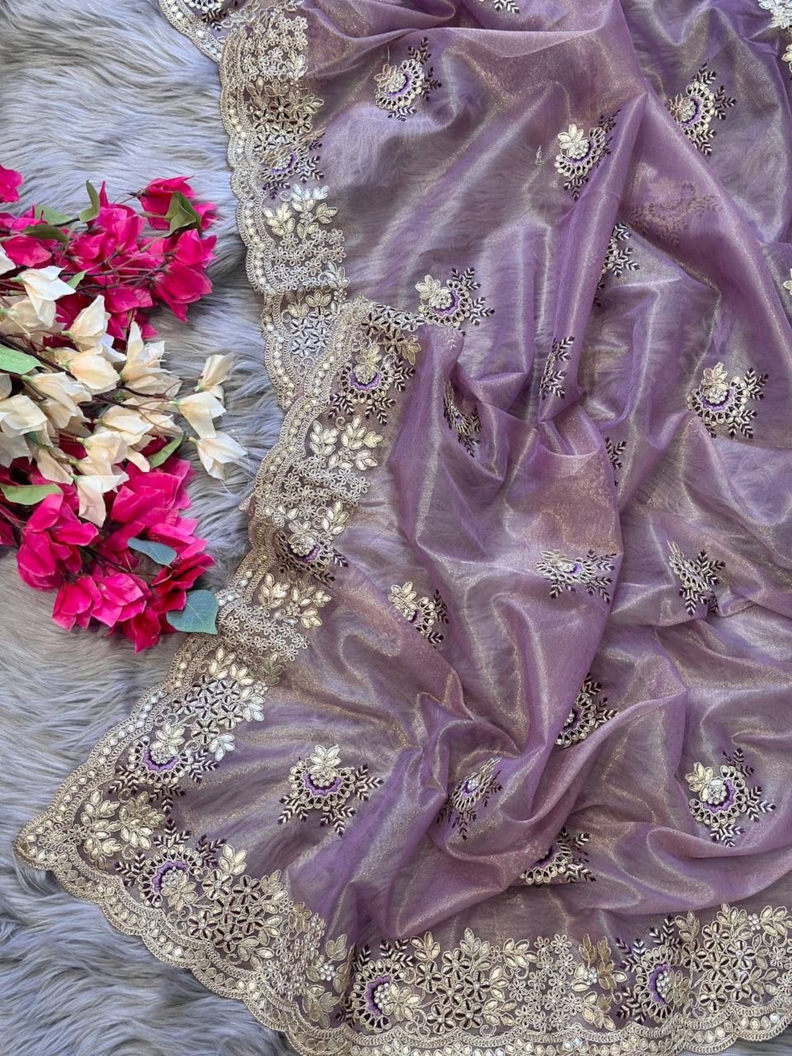 Designer Pure Jimmy Chu Silk Saree With Hand Embroidery and Scalloped ...